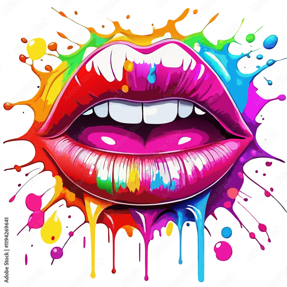 Large Lips with a Mouth Against a Background of Colorful Paint Splashes ...