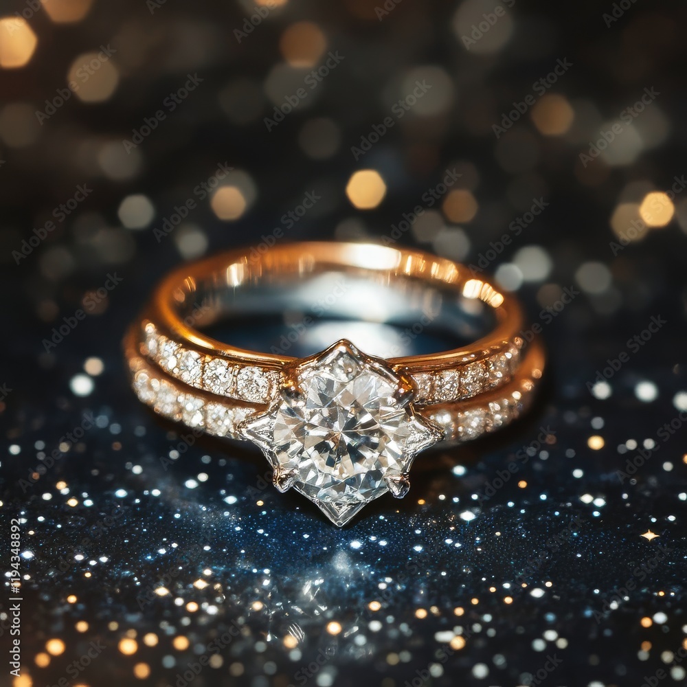 Designer wedding rings in the corner on a sparkling glitter background ...