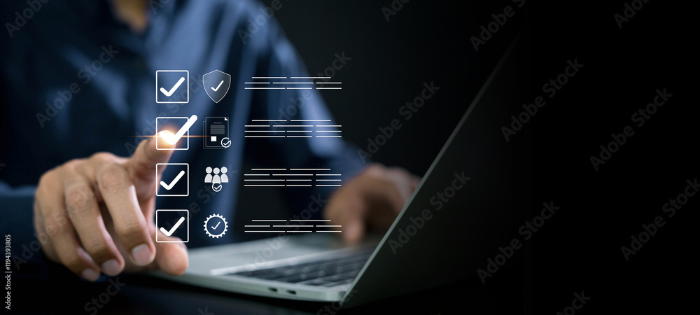 Standards quality assurance control Businessman touch on virtual ...