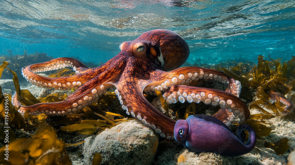 Giant Octopus Swim Under Water In Ocean Vector Cartoon Illustration Of