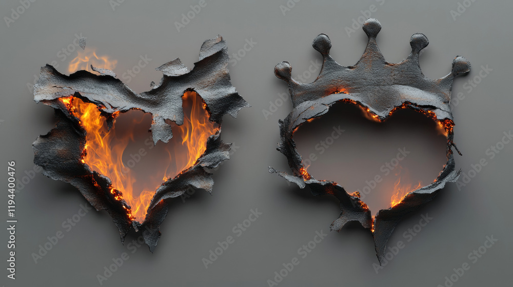 Burn paper holes and borders, burnt page in shape of heart and crown ...