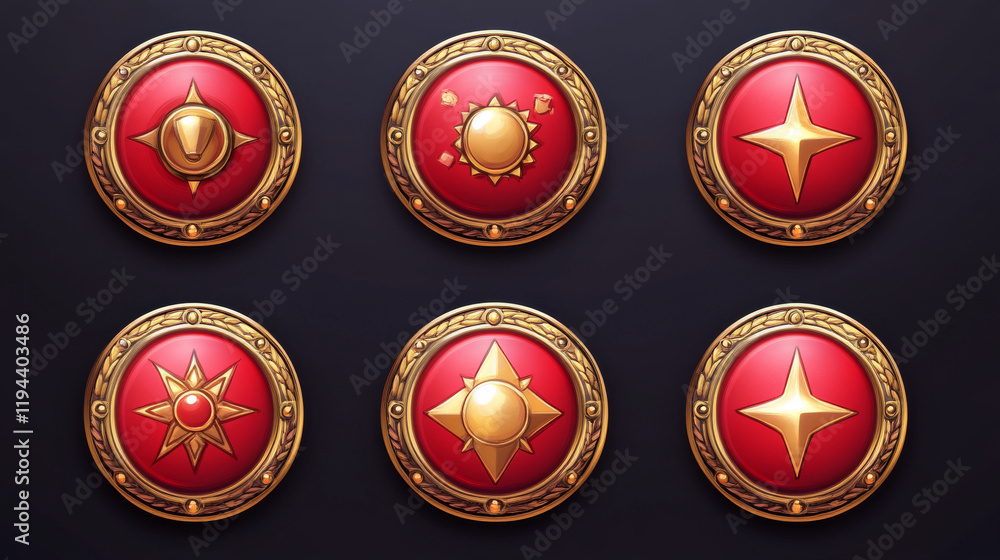 Red game buttons, achievement badges with golden frames. Vector cartoon ...