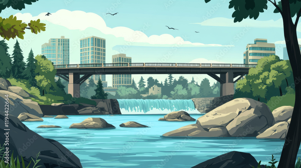 Landscape with overpass road above river, city buildings on skyline and ...