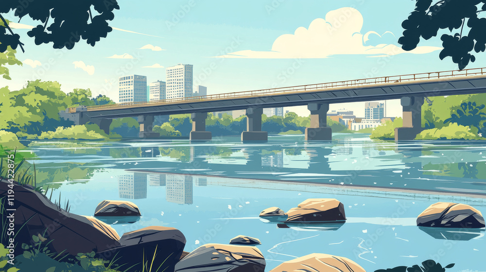 Landscape with overpass road above river, city buildings on skyline and ...