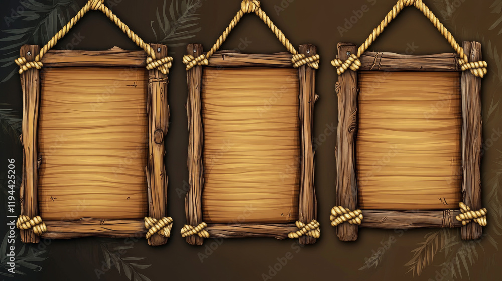Stock-Illustration „Wooden bamboo sign board frame game ui vector set ...