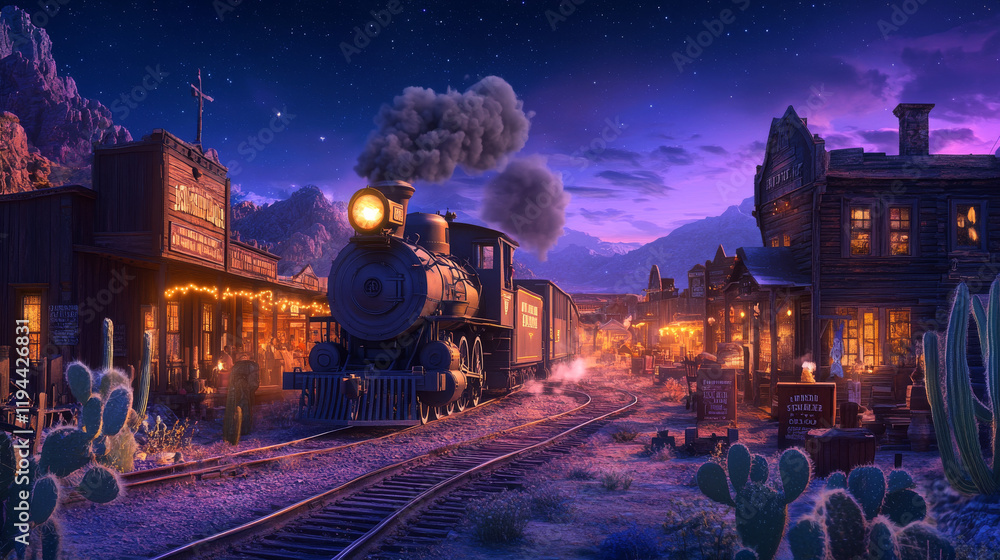 Wild west steam train at night western town with railroad, vintage ...