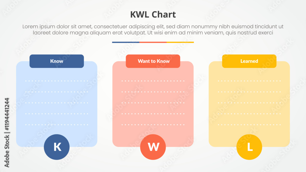 kwl table chart theme concept for slide presentation with round flat ...
