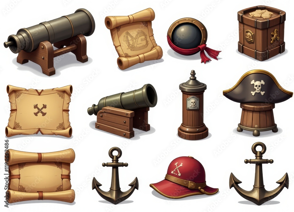 Cartoon Pirate Game Assets Cannons Anchors Maps Hats Treasure Chests ...