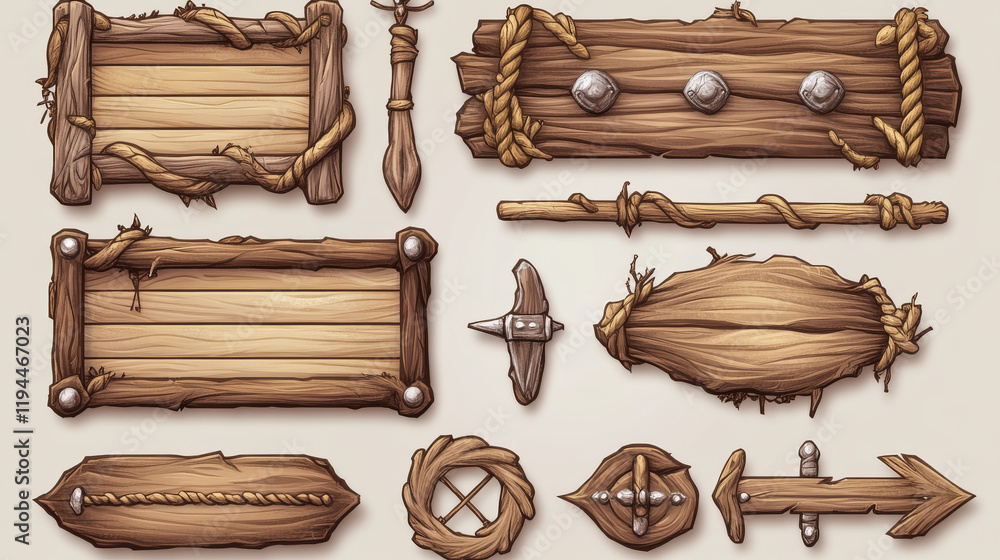 Wooden game buttons, menu interface made of wood textured boards with ...