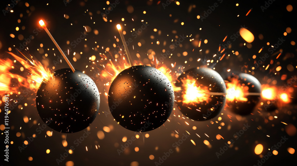 Black bombs with burning fuse and matches with fire, explosive dynamite ...