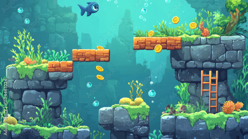 Floating rock islands vector game underwater landscape. Ui level map ...