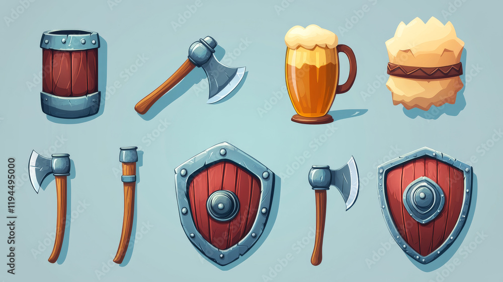 Стоковая иллюстрация «Viking tools and weapon game ui icons. Cartoon ...