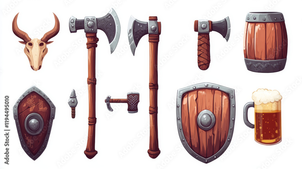 Ilustración de Stock Viking tools and weapon game ui icons. Cartoon vector illustration set of ...