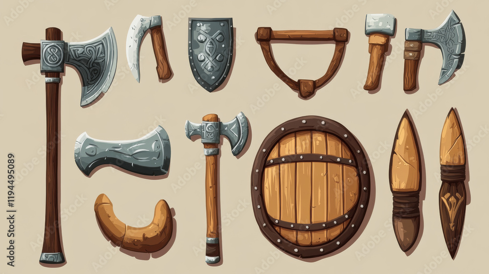 Viking tools and weapon game ui icons. Cartoon vector illustration set of gui warrior assets ...