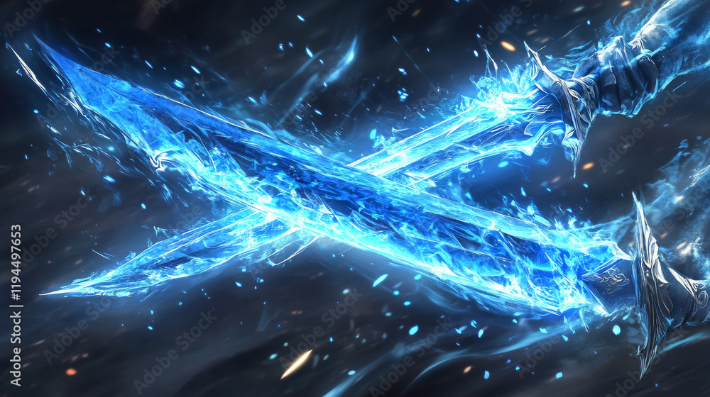 Sword attack, slash and cut effect. Blue flash of weapon motion, punch ...