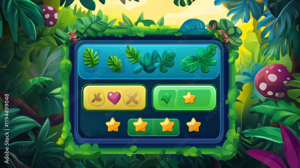 Jungle stone game ui sign frame cartoon vector. Leaf button, panel element and menu plate ...