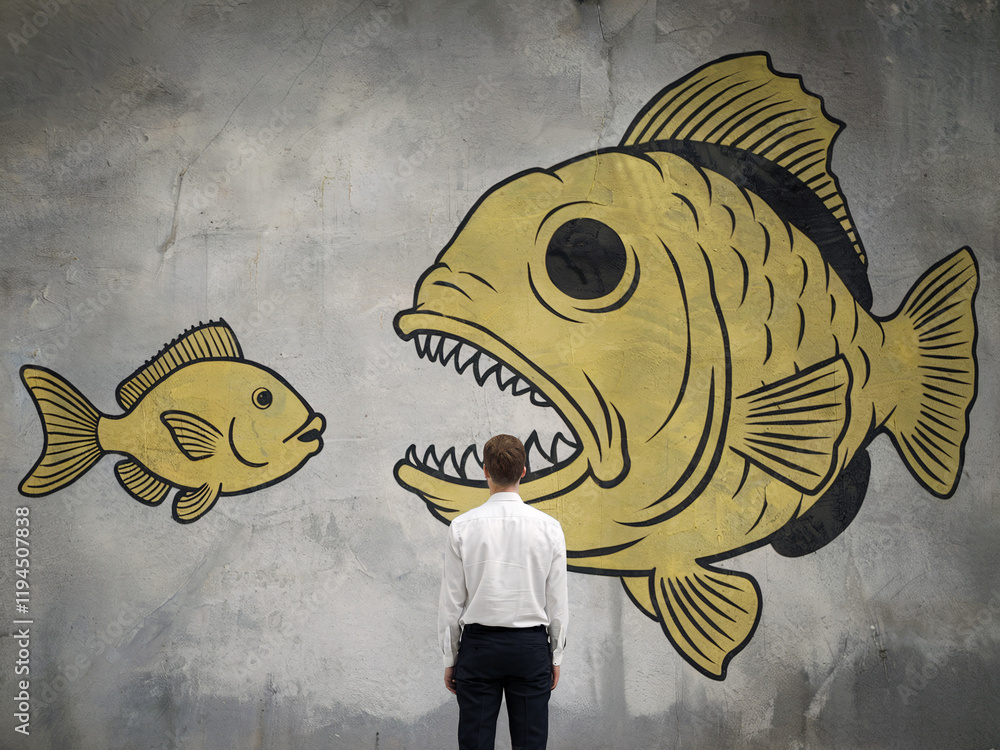 Man Observing Graffiti Depicting Large Fish Eating Smaller Fish ...