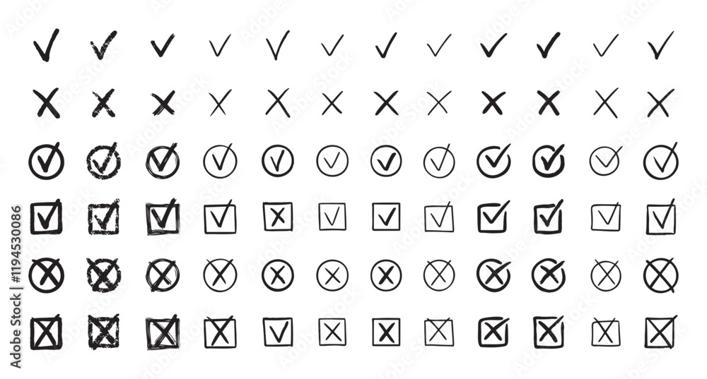 Check marks hand drawn doodle set. tick, cross signs for checkbox, checklist, v and x in sketch ...