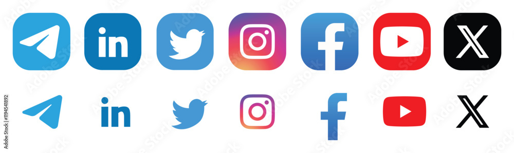 Collection of popular social media logo: Facebook, twitter, instagram, youtube, linkedin, vimeo ...