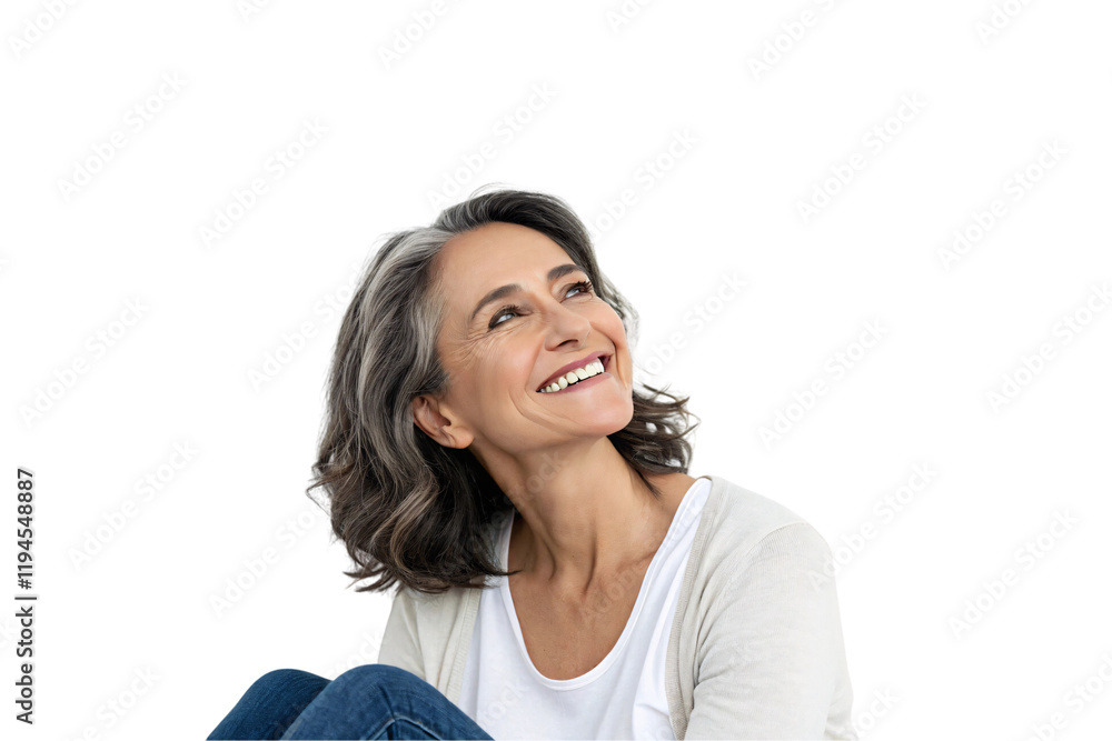 A serene woman sits comfortably in a casual outfit, her gray hair ...