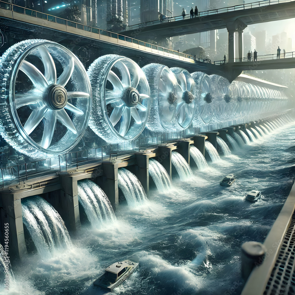 Water Turbine Underwater A detailed shot of an underwater hydropower ...