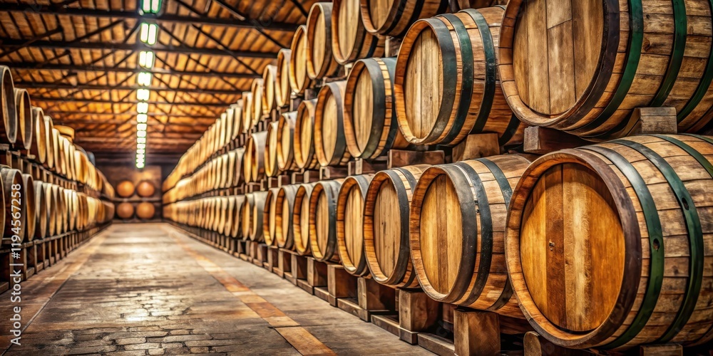 Side view of barrels of tequila at an old factory in Mexico, factory ...