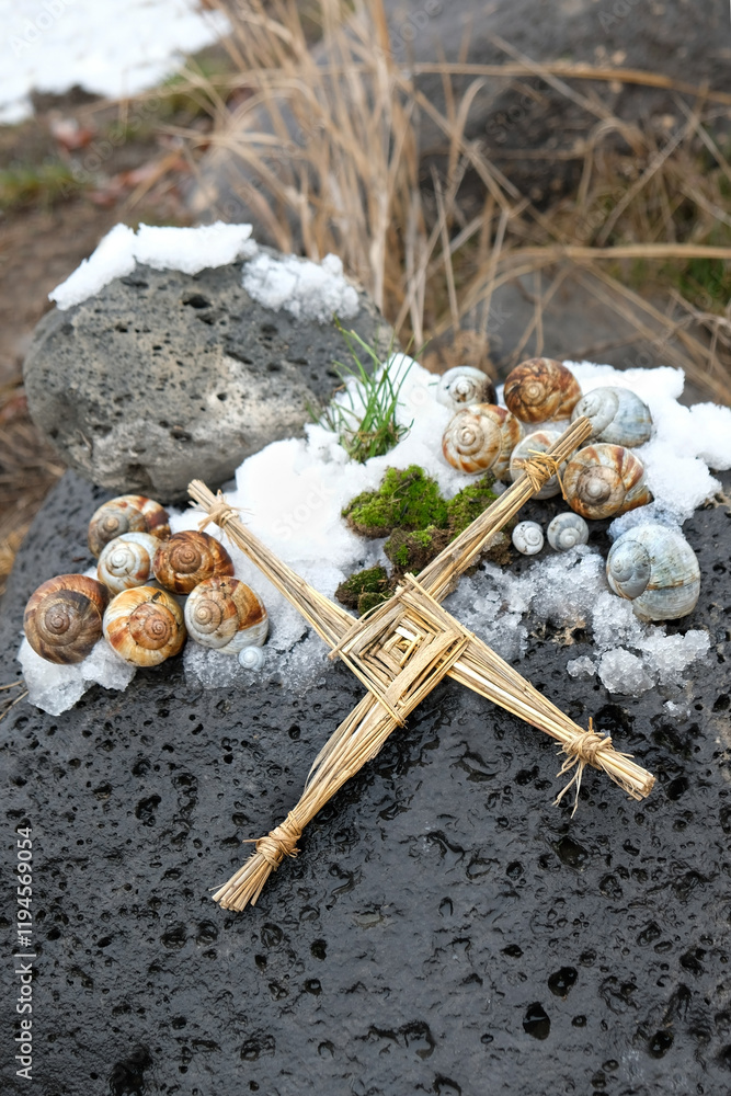 Wiccan altar for Imbolc holiday. Brigid's cross of straw, candles and ...