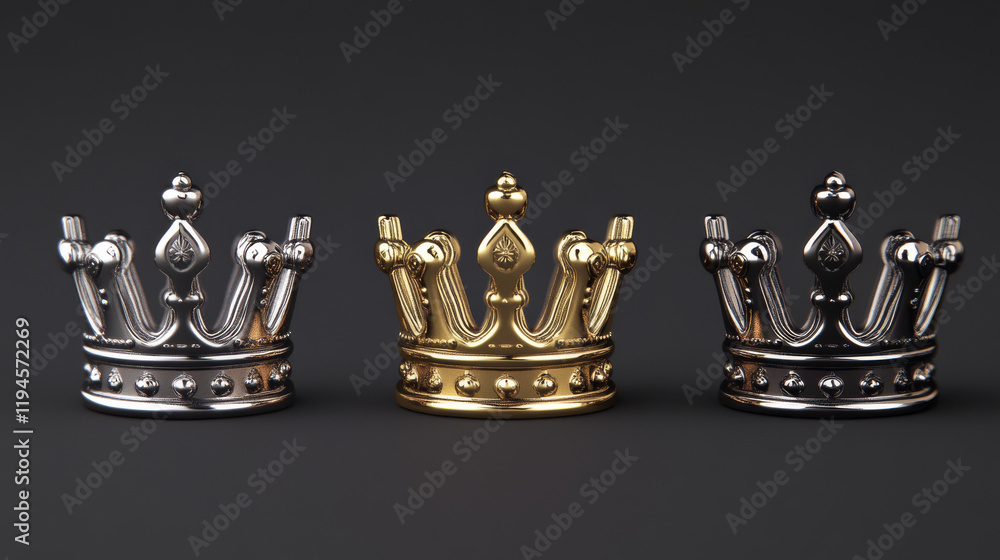 3D crown game badge set, golden silver bronze queen king vector ...