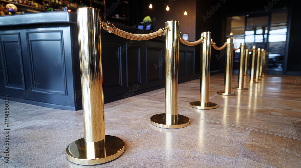 Barrier with rope and gold poles, fence for red carpet or vip event ...