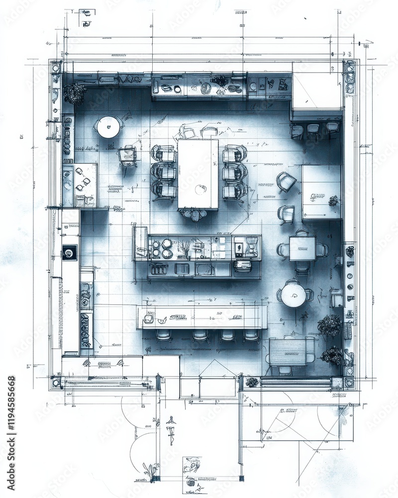 Restaurant Blueprint Design: Architectural Sketch of a Modern Cafe ...