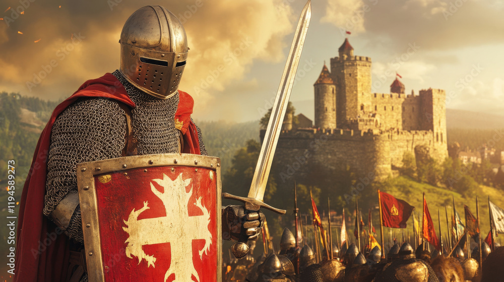 knight in armor stands proudly with sword and shield, overlooking ...