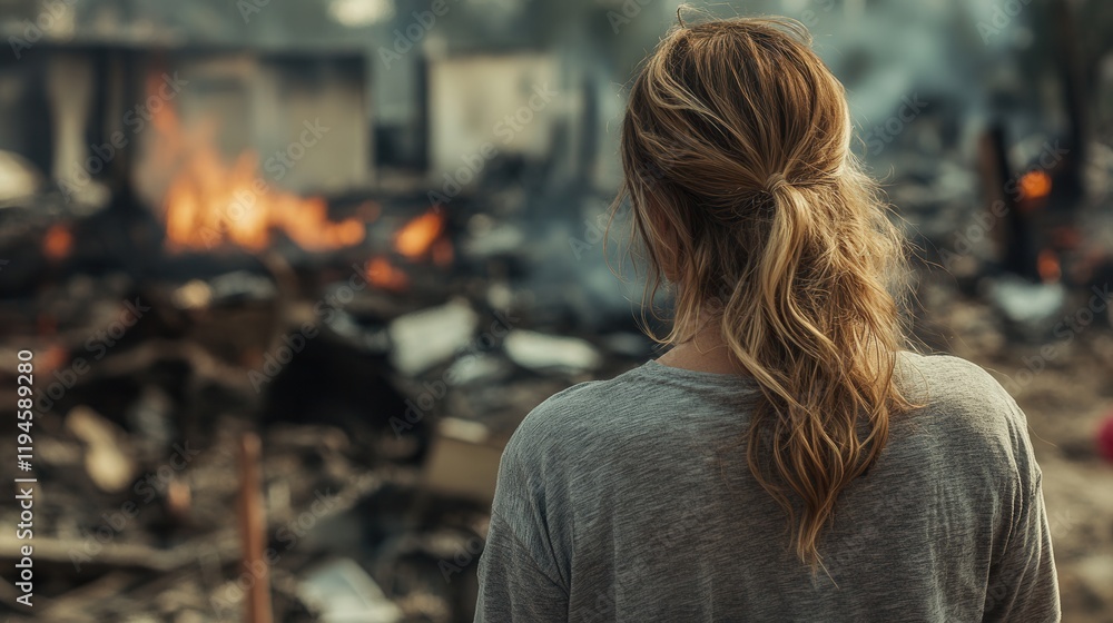 Woman Surveying Burned Home After Fire – Emotional Scene from Behind ...