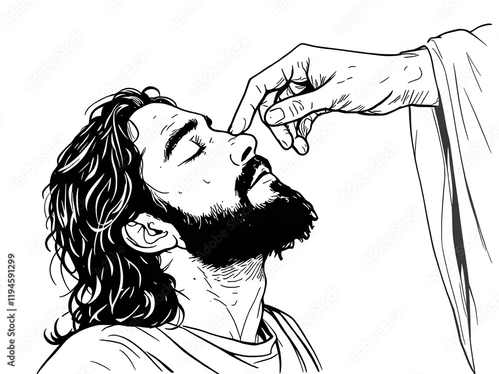 Jesus heals the blind, close up of a hand touching a blind man face ...