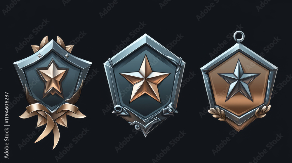 Hexagon metallic badge with star and decorations for game level rank ...