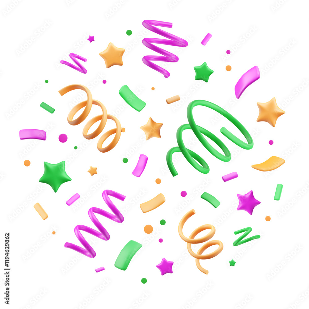 3d firecracker. Party popper of squiggles, stars, confetti and tinsel ...