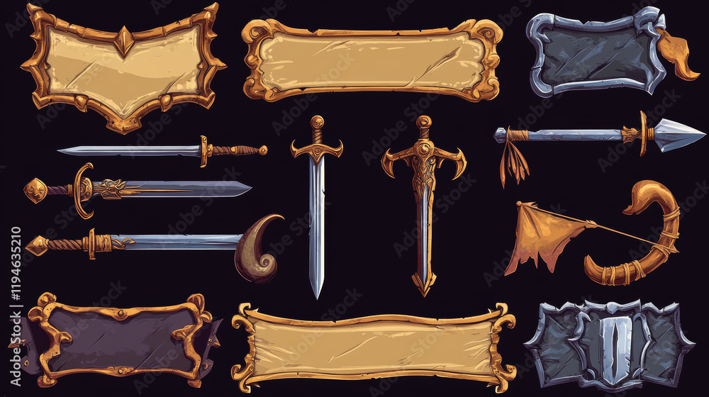Fantasy frames with medieval weapon for rpg game ui design. Vector cartoon set of empty banners ...