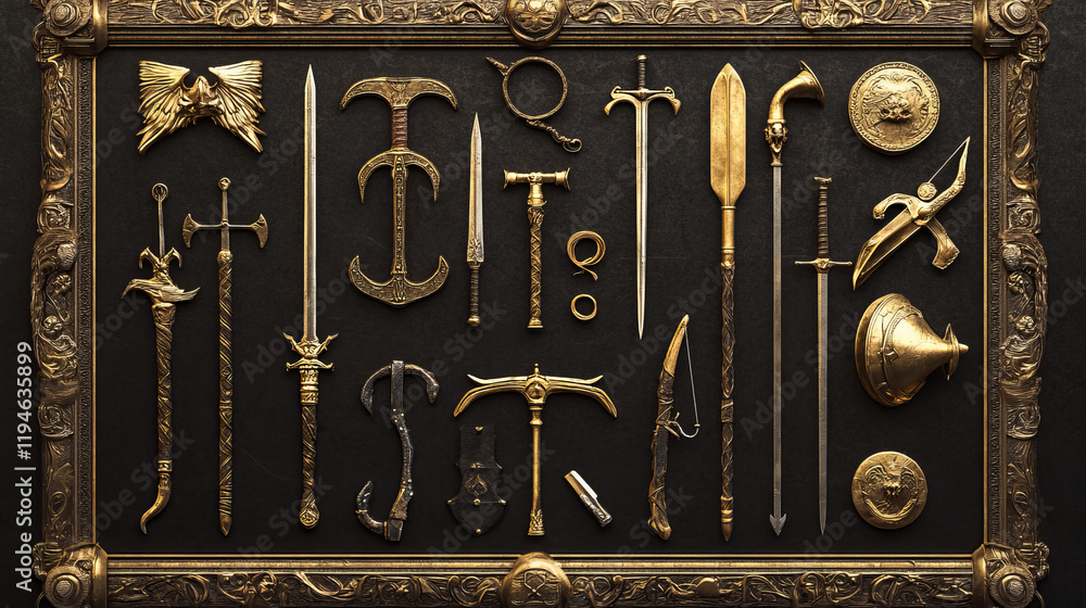 Fantasy frames with medieval weapon for rpg game ui design. Vector cartoon set of empty banners ...