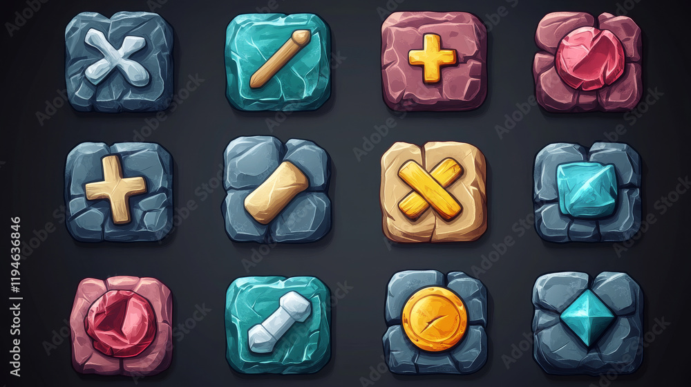 Ilustración de Stock Ui stone texture game button frame cartoon vector set. Medieval interface ...