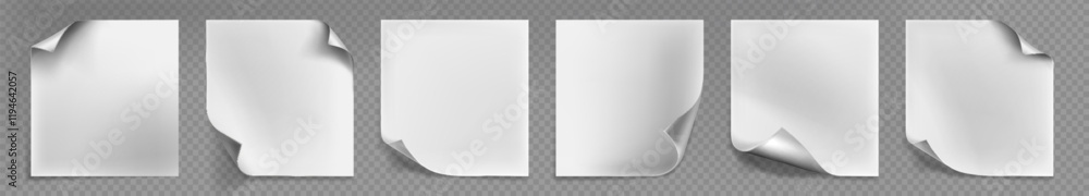 Paper sheets with curled corners set on transparent background. Vector ...