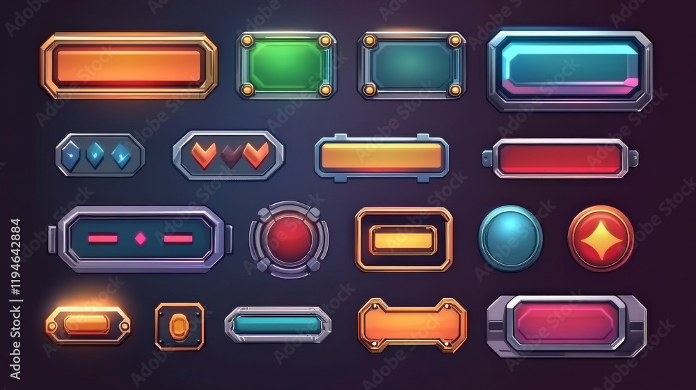 Game buttons and frames with metal border. Design elements and assets ...