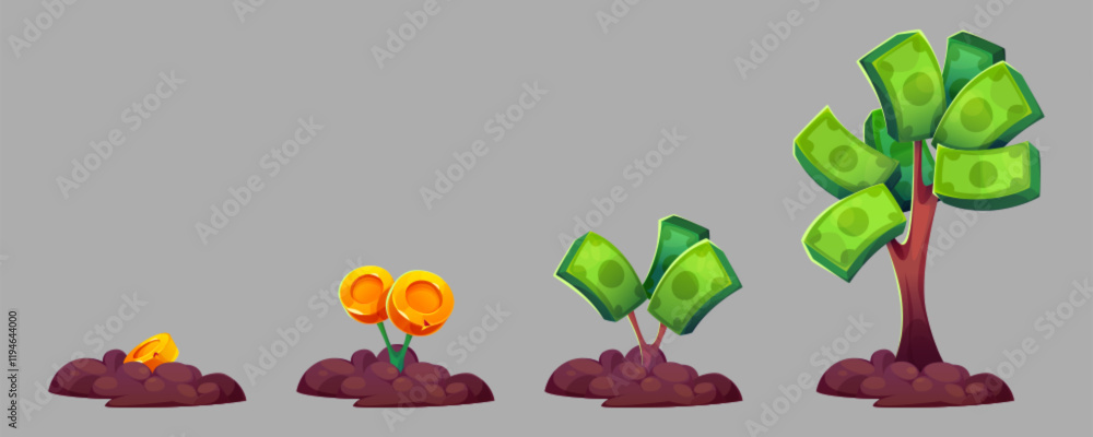 Money tree cartoon growth stages - golden coin seed sprouting into ...
