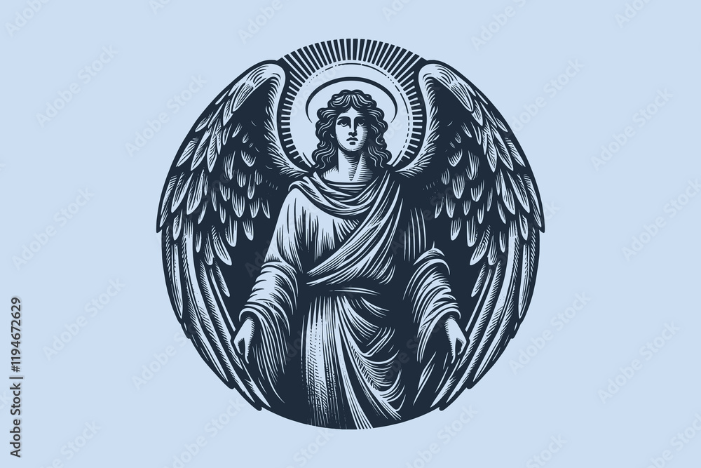 Vintage black and white engraving of Archangel Gabriel, vector art ...