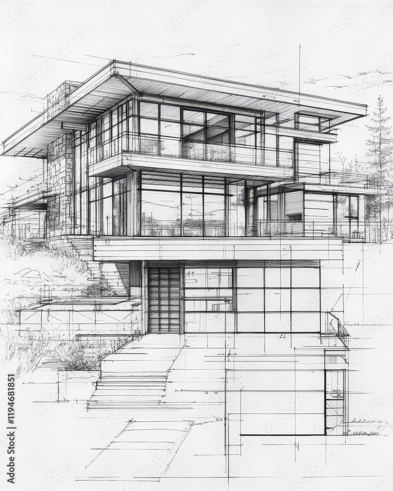 Architectural Sketch Modern House Design Two Story Home Plan Elevation Perspective Drawing Stock ...