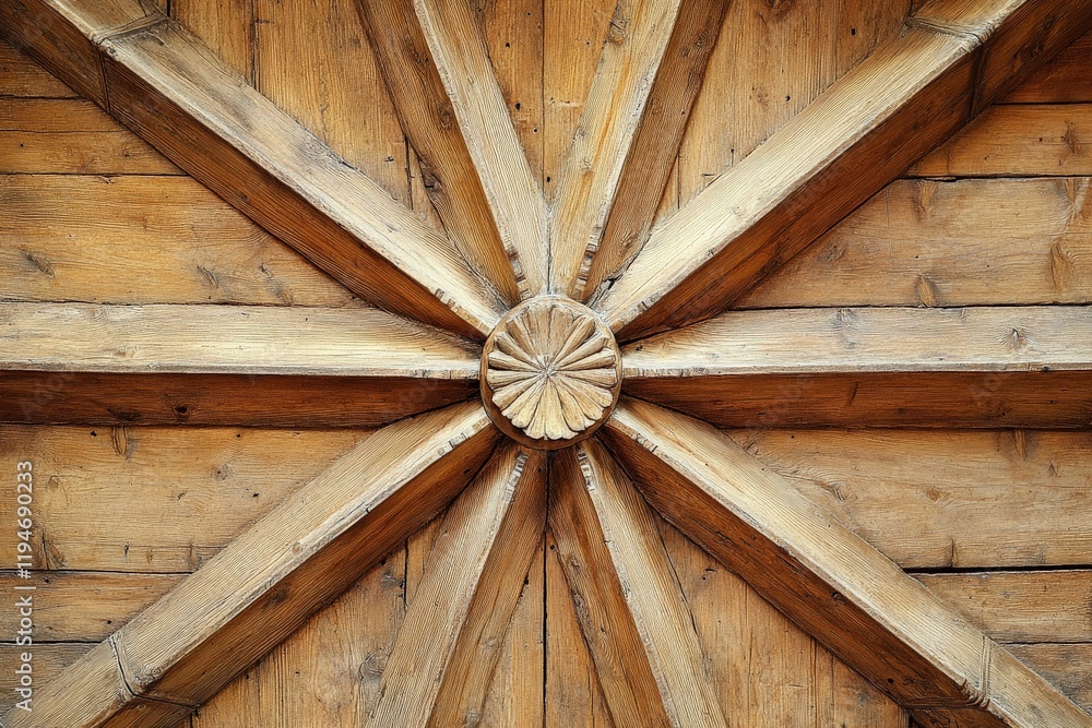 This circular wooden ceiling features radiating beams converging at the ...