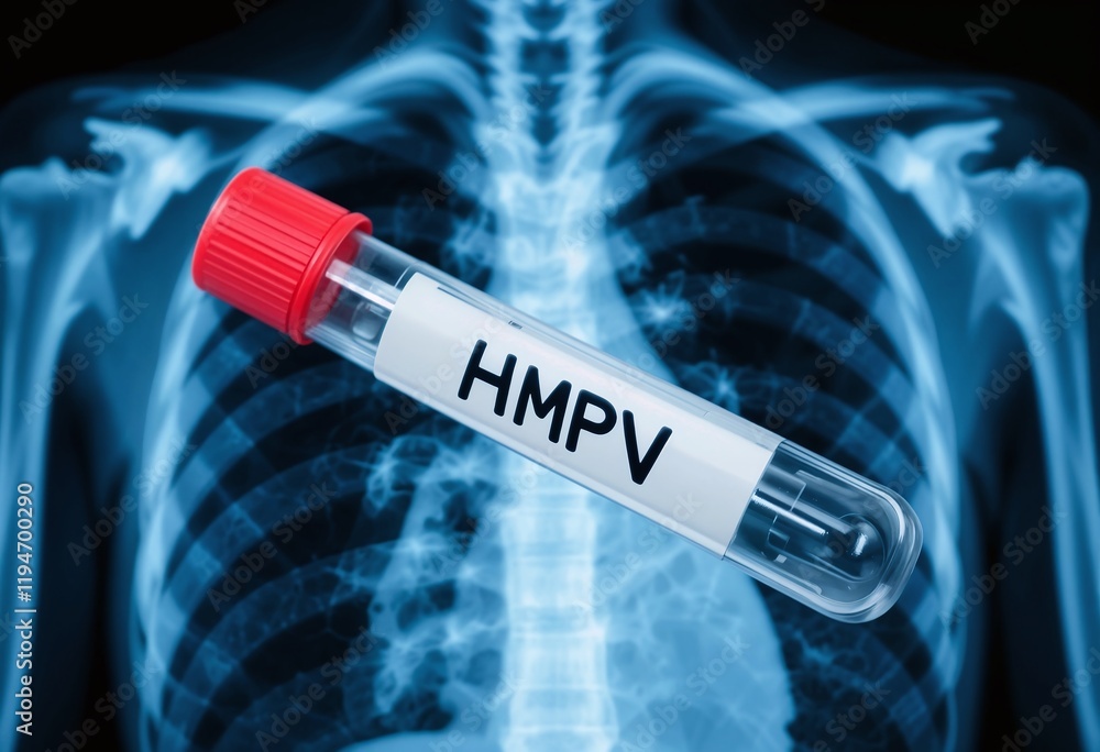Test tube labeled 'HMPV' positioned in front of a detailed chest X-ray ...