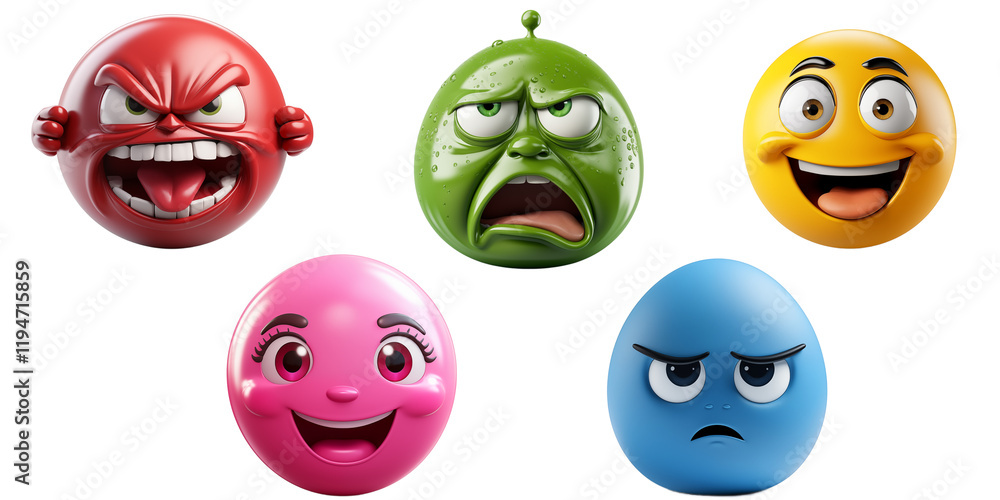 3D Rendering angry, sick, happy, love, sad emojis isolated on transparent background, set of ...