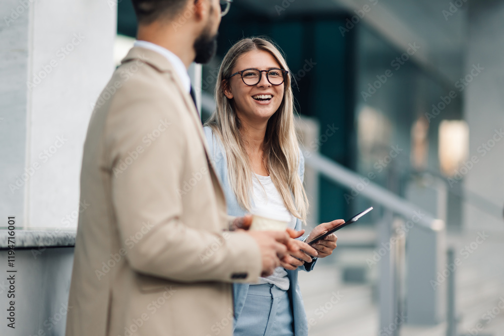 Business people having conversation during coffee break outdoors Stock ...