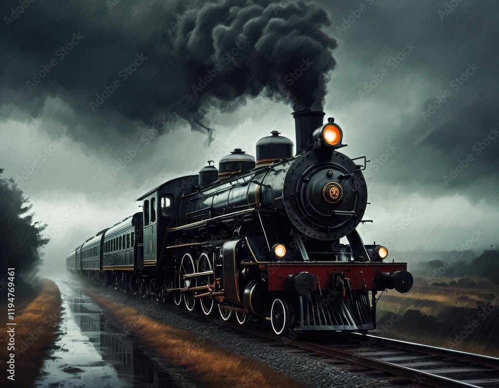 Black steam train travels in the rain...Concept: Classic locomotive ...