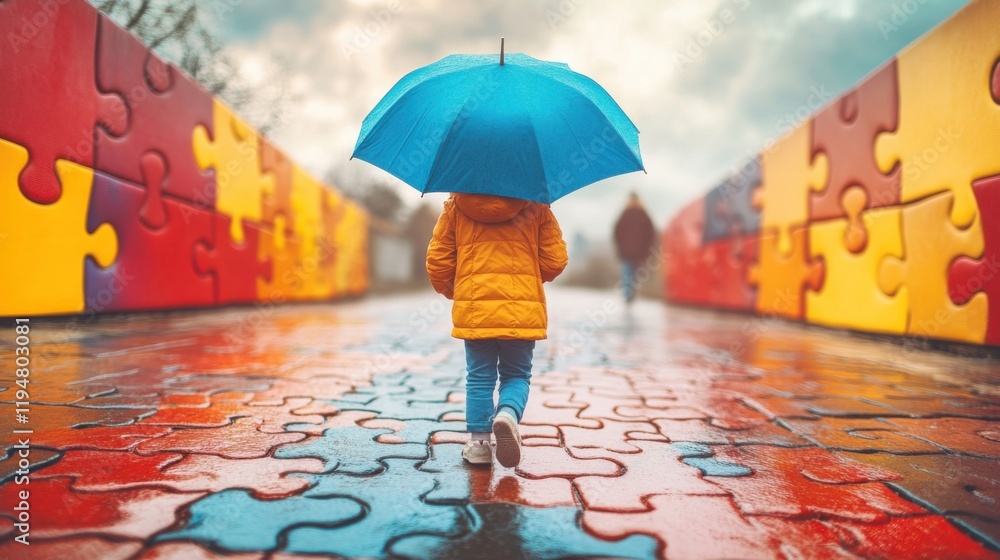 World autism awareness day, April 2. Child walks down the street on ...