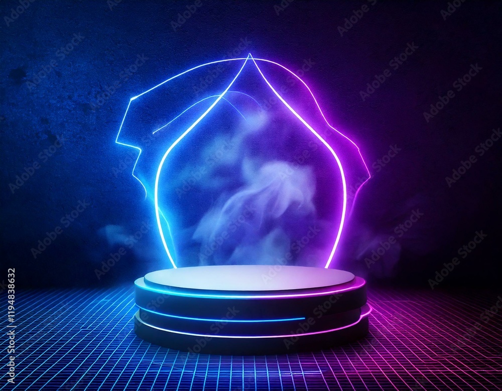 Cylinder flying podium with neon glowing abstract geometric shapes on ...